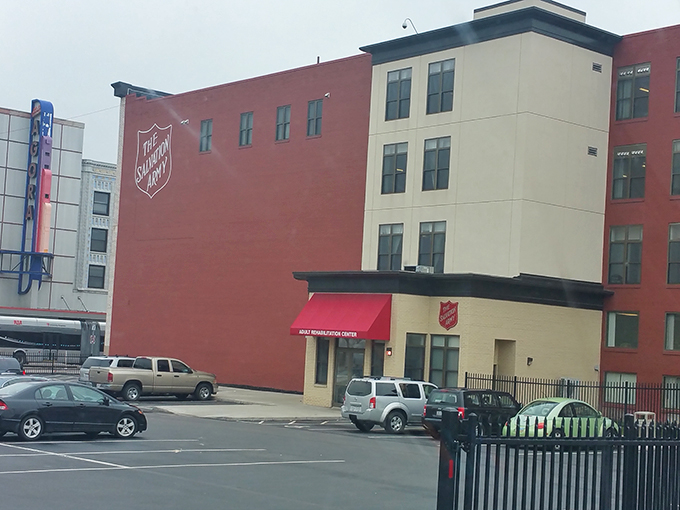 The Salvation Army's bold red building stands like a beacon of bargains in Cleveland's urban landscape.