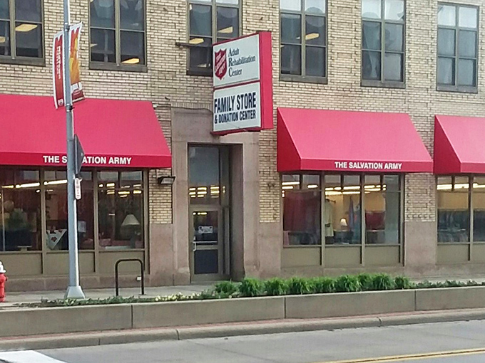 The Salvation Army's iconic red awnings create that classic thrift store charm Cleveland shoppers have loved for generations.