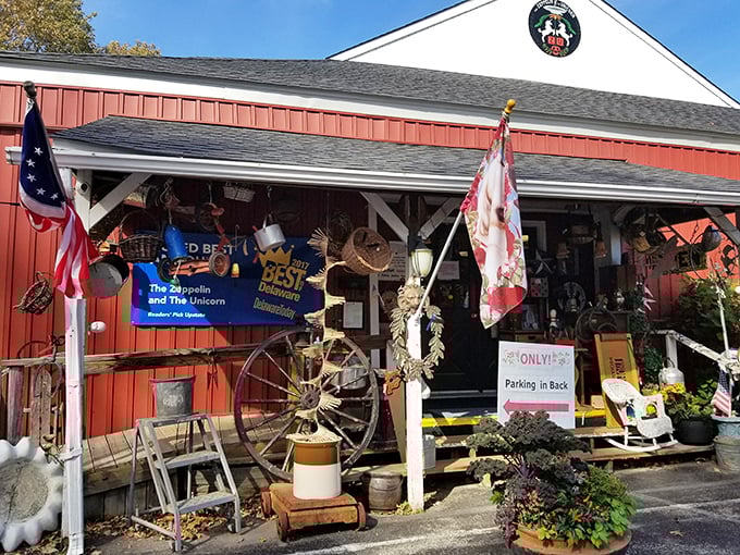 That red barn aesthetic promises country charm with serious antique credentials to match.