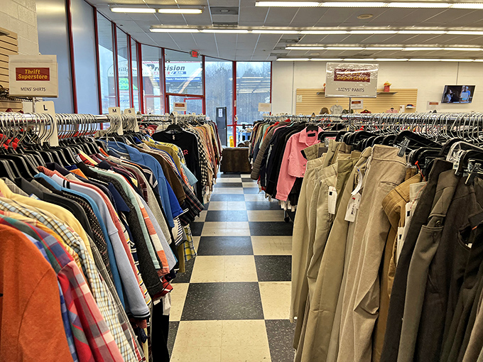 Inside, endless racks of clothing await their second chance. One shopper's castoff becomes another's fashion statement!