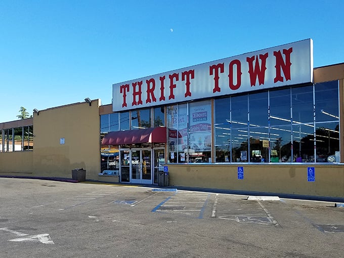 Thrift Town's bold red letters announce bargain central - like a Hollywood sign for secondhand shopping enthusiasts everywhere.