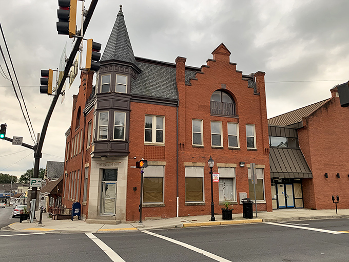 Historic brick buildings with distinctive turret architecture showcase Thurmont's charming small-town character and timeless appeal.