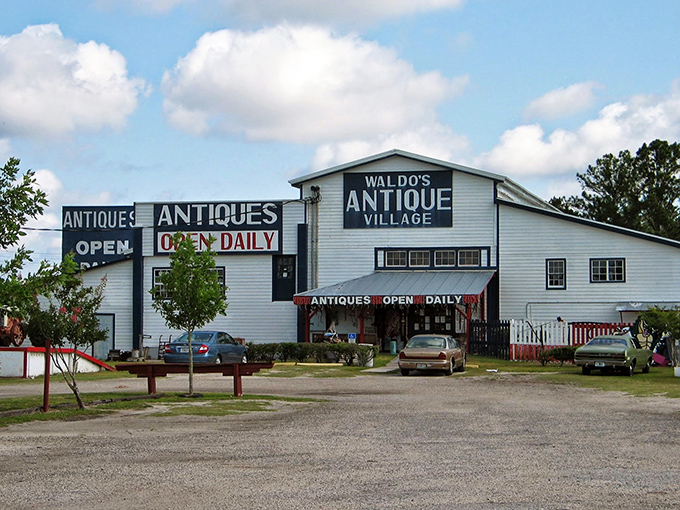 The humble entrance to Webster Westside Flea Market promises a world of wonders inside. Like a bargain hunter's theme park!