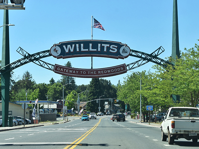 "Gateway to the Redwoods" isn't just a sign&mdash;it's Willits' way of saying "the good stuff starts here, folks!"