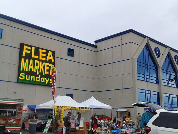 Bright yellow signs announce weekend adventures where parking lots transform into treasure-hunting wonderlands.