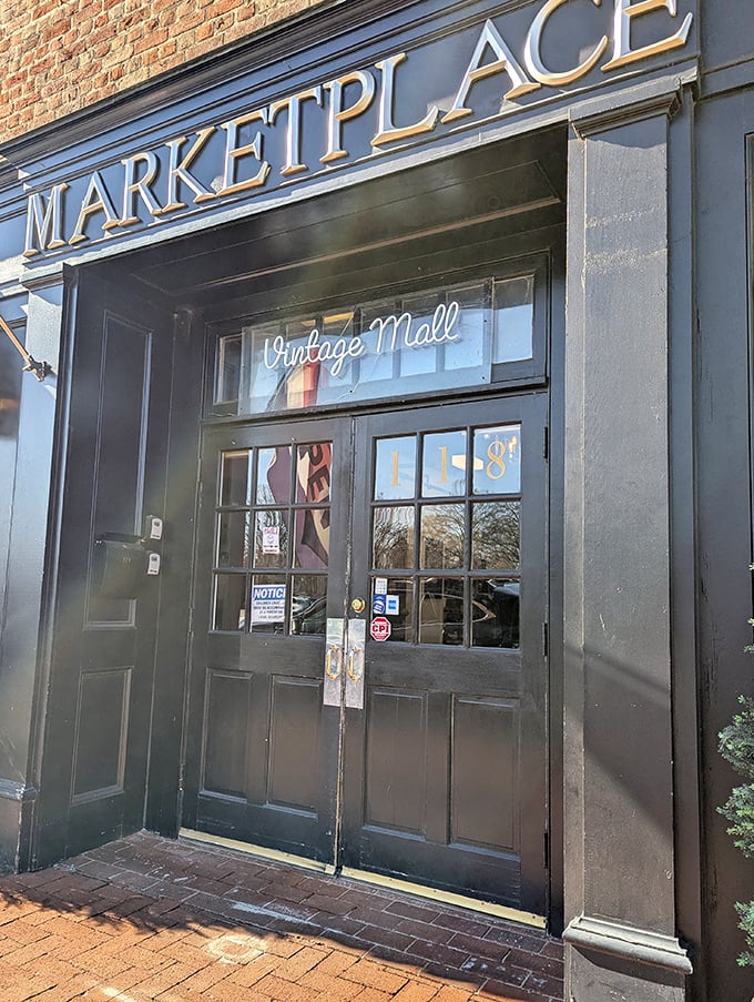 The vintage storefront details hint at curated collections where every piece has been chosen with an discerning eye for quality.