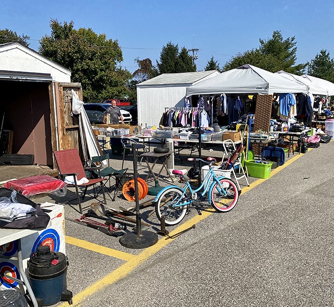 Furniture, bikes, and household goods create an outdoor showroom of affordable home improvements.