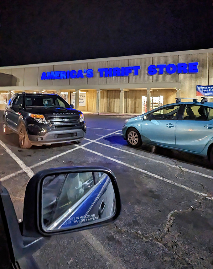 Even under evening lights, those blue letters spell out "bargain paradise" in any language.