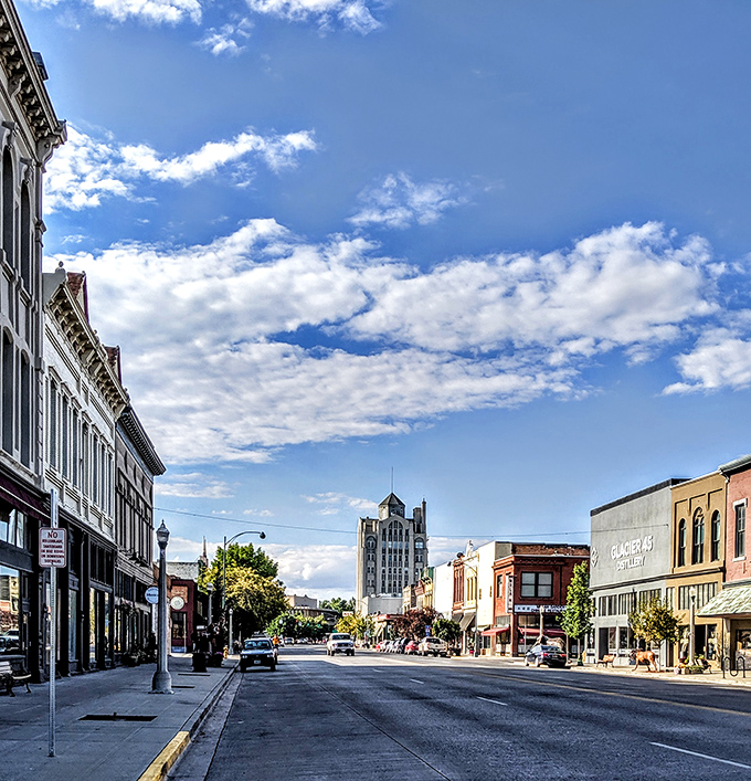 Bright skies in Baker City! The historic buildings line the street, showcasing the charm and character of this timeless town.