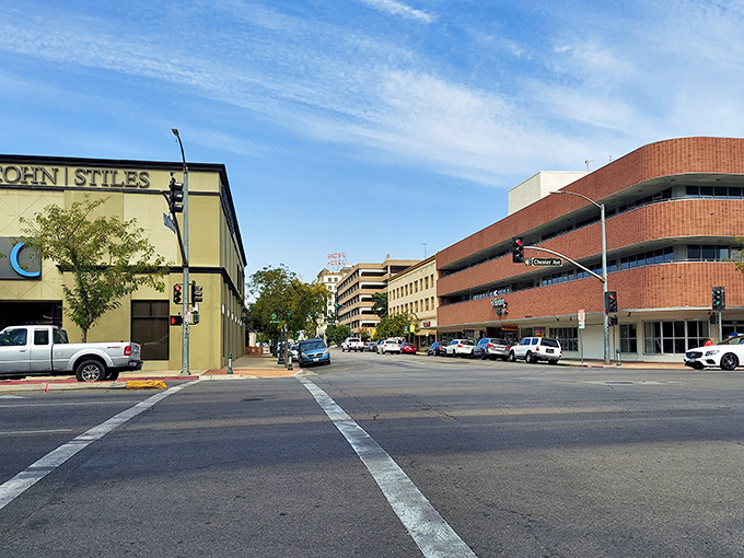 Downtown Bakersfield's architectural jazz&mdash;brick curves and straight edges playing together under a sky that's bluer than a Willie Nelson classic.