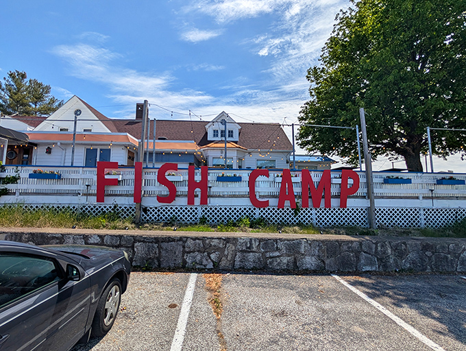 The "FISH CAMP" sign doesn't lie &ndash; this waterfront spot delivers lakeside dining with maritime charm to spare.