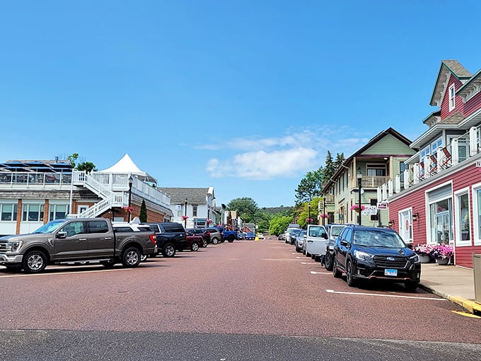Lake Superior sparkles beyond these colorful buildings like nature's own welcome mat spread wide.
