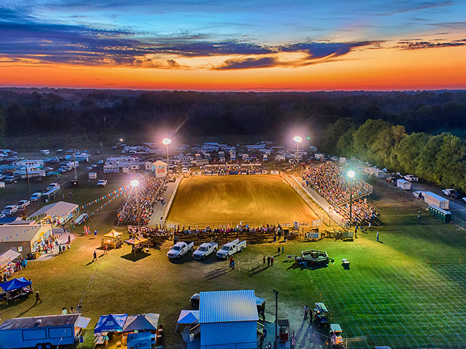 A vibrant evening at the rodeo arena in Benson—where the community gathers to celebrate tradition under a stunning sunset sky.