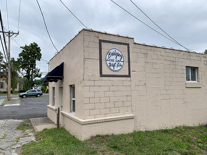 The simple storefront of this community-focused thrift shop reflects their mission of bringing neighbors together through affordable shopping.