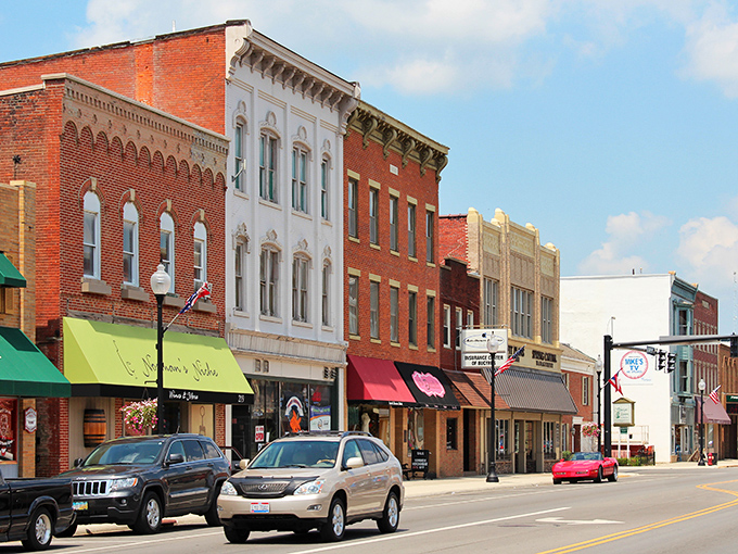 This welcoming street scene captures the essence of Midwestern hospitality in every brick and window.