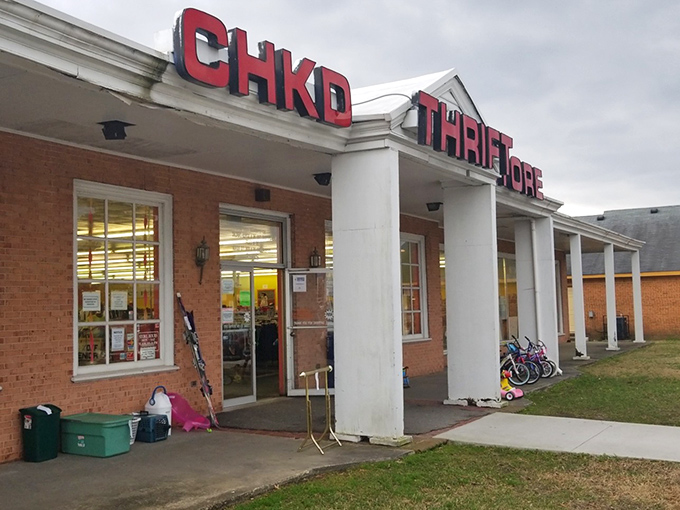 That classic brick exterior with white columns gives this thrift store an almost stately appearance worth admiring