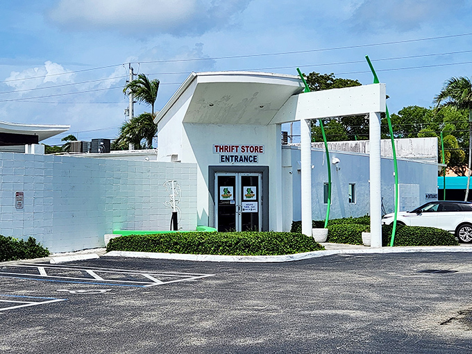 Clean architectural lines and manicured landscaping prove that charity shopping can have serious style points.