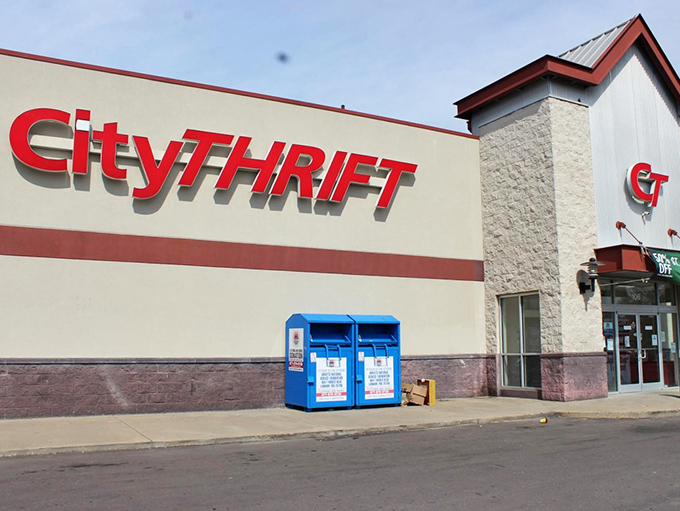 Those blue donation bins outside hint at the constant flow of fresh merchandise cycling through this retail gem.