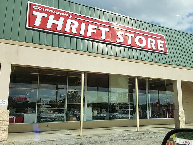 That bold red sign means business - serious bargain hunters know to look beyond fancy storefronts.