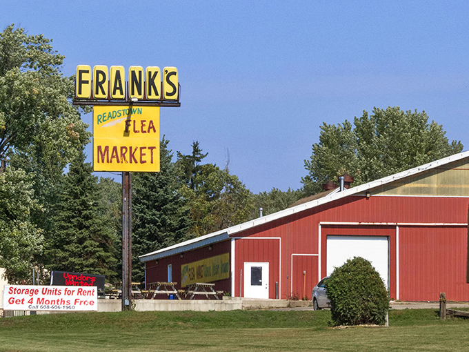 Frank's red barn stands proud, housing more treasures than a pirate's cave ever dreamed of.