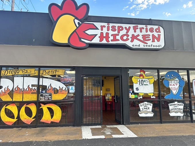 Bright colors and bold promises usually mean one thing: someone's very confident about their delicious fried chicken.