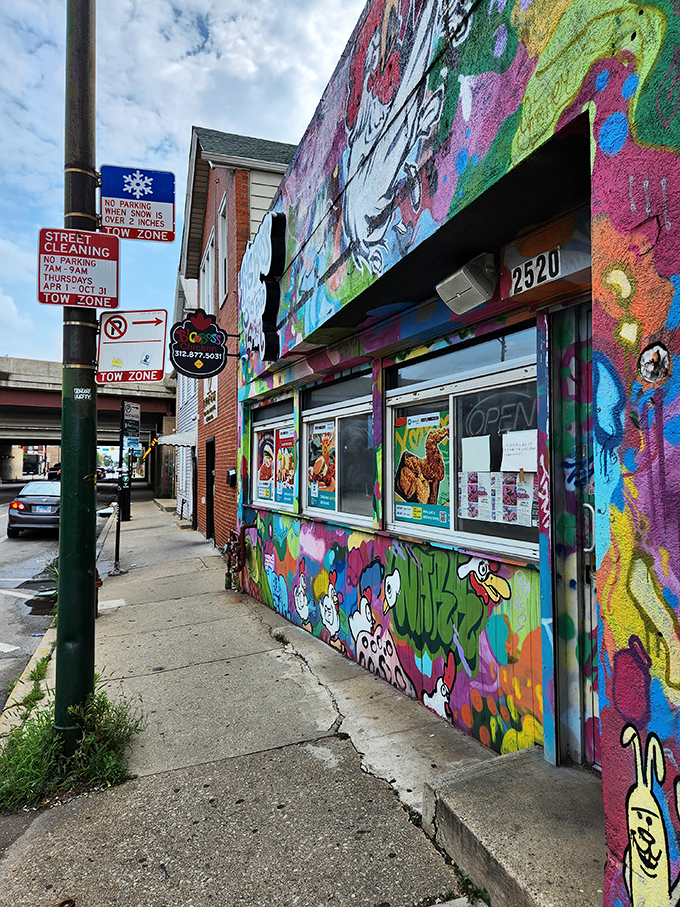 Street art and spicy chicken make perfect neighbors in this vibrant Chicago food scene.