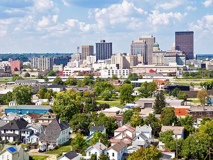 The beauty of Dayton's downtown plaza mirrors the perfectly balanced prices at local eateries.