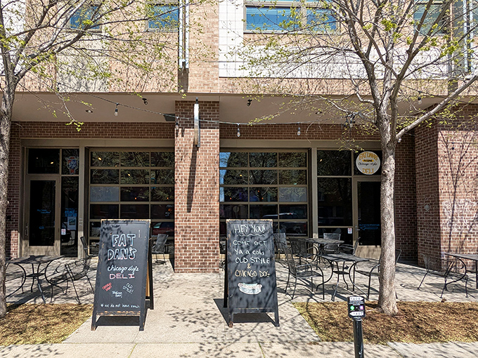 Spring has sprung at Fat Dan's outdoor seating area. Nothing says "treat yourself" like a Chicago dog enjoyed in the dappled shade of urban trees.
