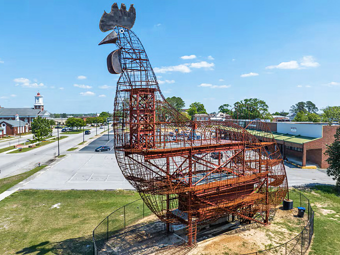 That giant rooster sculpture isn't just for show - it's Fitzgerald's way of crowing about affordable living!