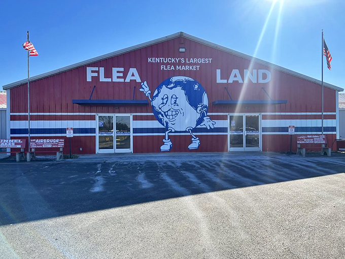 Kentucky's self-proclaimed largest flea market stands proud in the sunshine. The red building practically shouts "bargains inside" to passing cars!