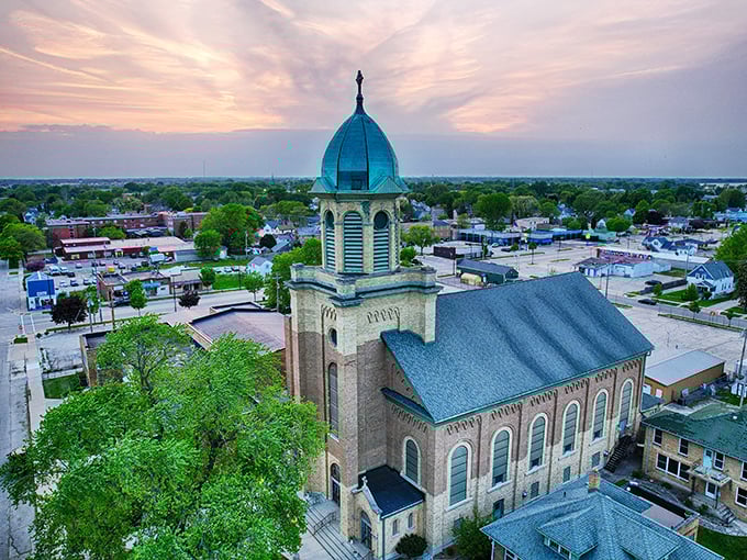 The aerial view of Fond du Lac shows how the community embraces its waterfront location with parks and public spaces.