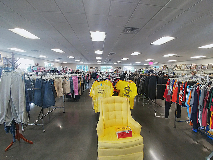That yellow chair practically shouts "take me home!" amid racks of carefully organized clothing. Thrifting elevated to an art form.