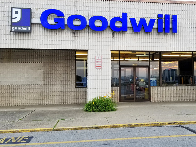 The familiar blue Goodwill sign signals quality secondhand finds and community support in one convenient location.