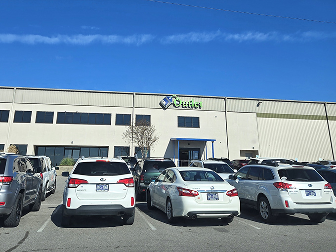 The industrial exterior can't hide the retail magic happening behind those unassuming walls.