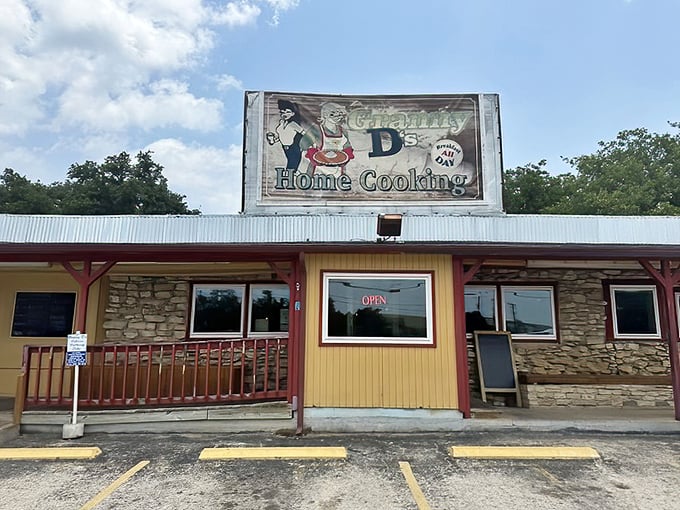 The rustic stone-and-wood combo screams "homestyle cooking" louder than a dinner bell.
