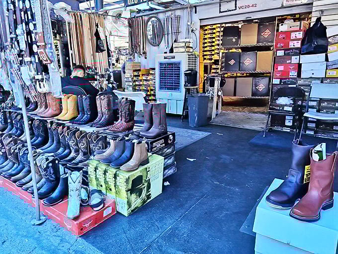 Rows of cowboy boots stand at attention like a western movie set, ready to outfit desert adventurers.