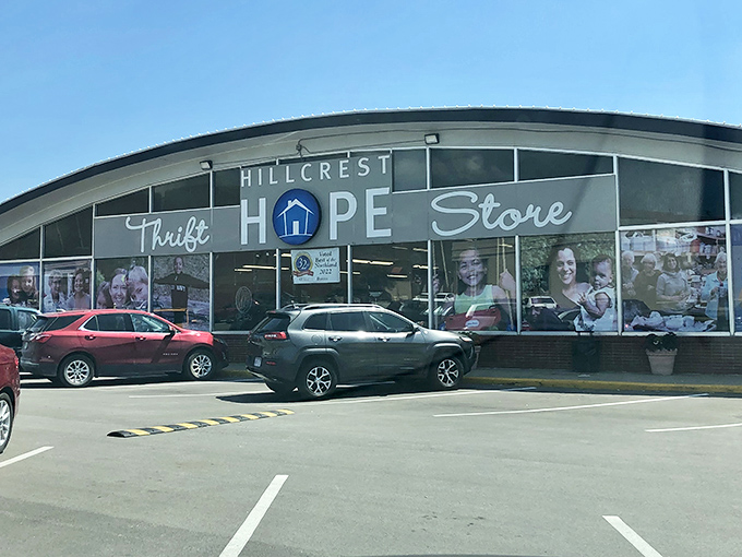 Those welcoming windows showcase community spirit and thrift store magic rolled into one perfect Liberty location.