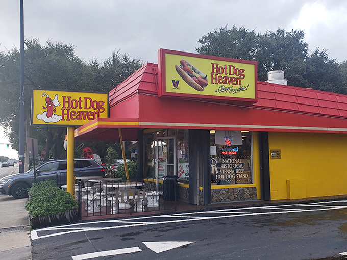 The vintage-style building captures that timeless American hot dog stand charm that never goes out of style.