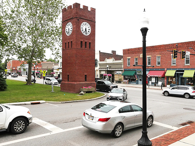 The clock tower stands sentinel over Hudson's main street, keeping time for generations of shoppers and Sunday strollers.