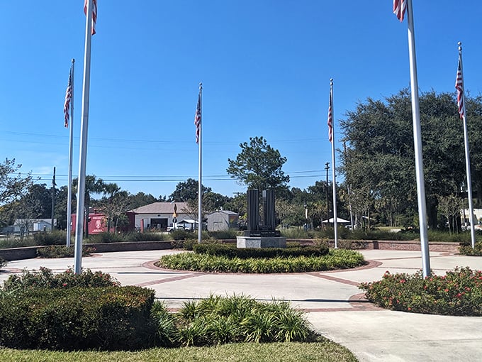 Veterans memorial plaza honors service while providing a peaceful spot for reflection and community gathering.