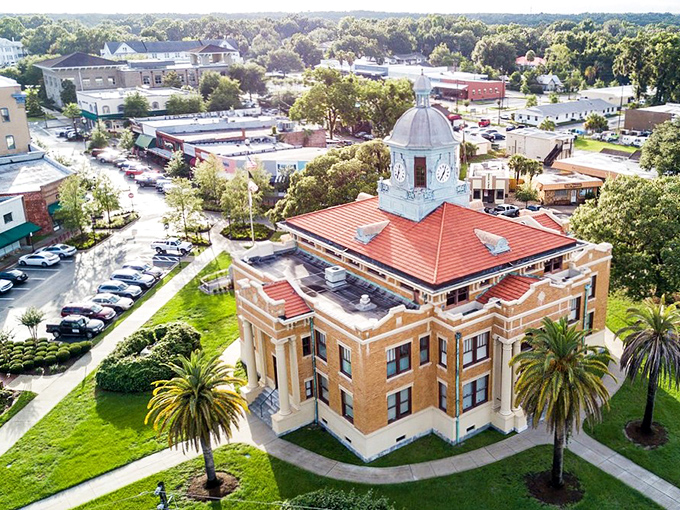 Downtown Inverness aerial view &ndash; where small-town dreams meet big-time savings on your retirement budget.