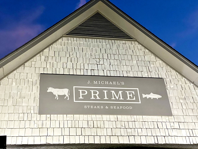 The elegant signage at J Michael's Prime promises a sophisticated steak experience without any unnecessary fussiness.