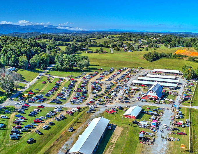 That aerial view shows serious business &ndash; acres of cars mean folks drive from everywhere for these deals.