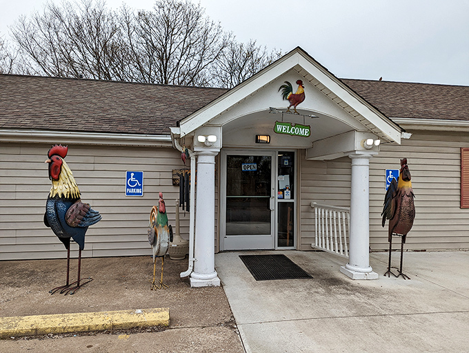 Those metal roosters aren't just decoration - they're announcing that breakfast is served all day.