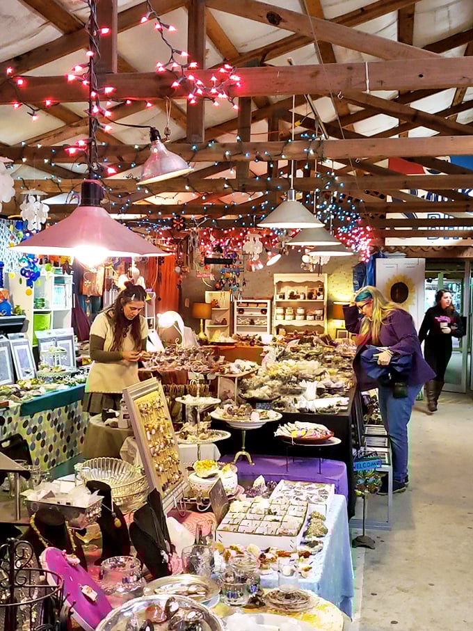 Those twinkling lights transform this space into something magical, where handmade treasures wait under a canopy that screams cozy Christmas vibes.