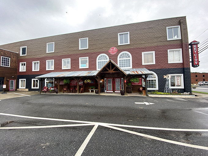 That welcoming covered entrance practically whispers, "Come on in, the bargains are spectacular today!"