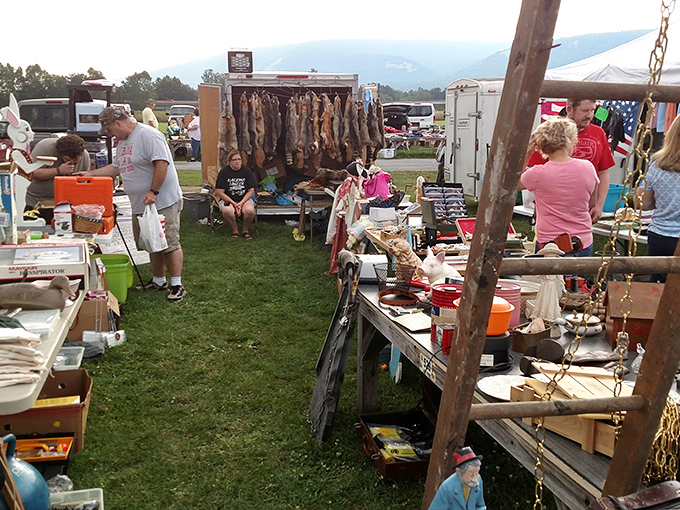 Weathered wood and hanging pelts showcase the authentic rural character of this unique mountain market.
