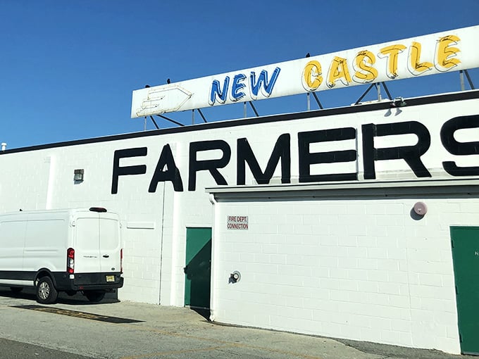 This expansive white warehouse promises endless aisles where fresh produce meets vintage treasures in perfect harmony.
