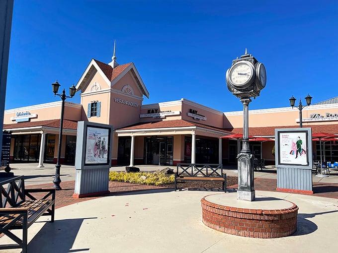 Classic architecture and vintage touches create shopping atmosphere that feels like a small-town main street.