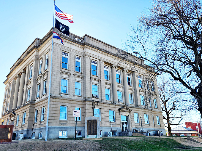The Phelps County Bank building stands as Poplar Bluff's unofficial timekeeper, watching over generations of unhurried Missourians.